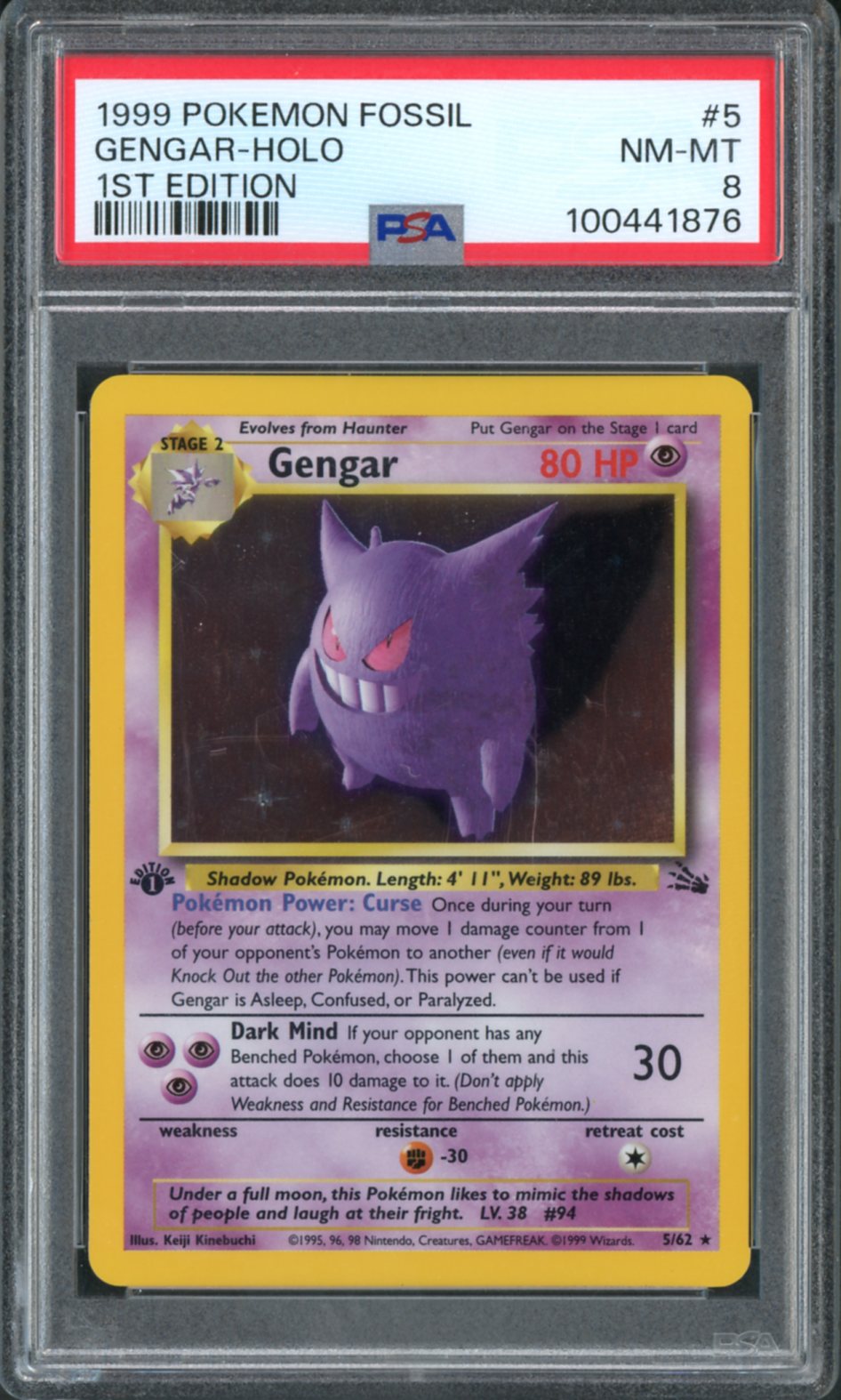 1999 Pokemon Fossil 1st Edition Holo Gengar #5 PSA 8